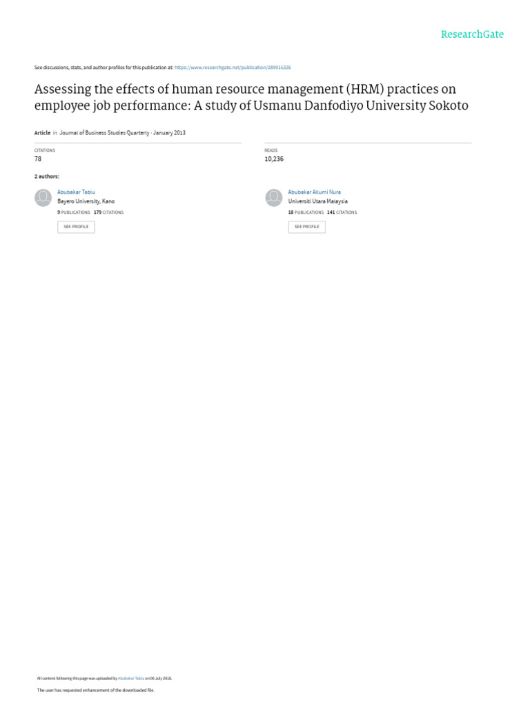 Assessing The Effects of Human Resource Management HRM Practices On Employee Job Performance A ...