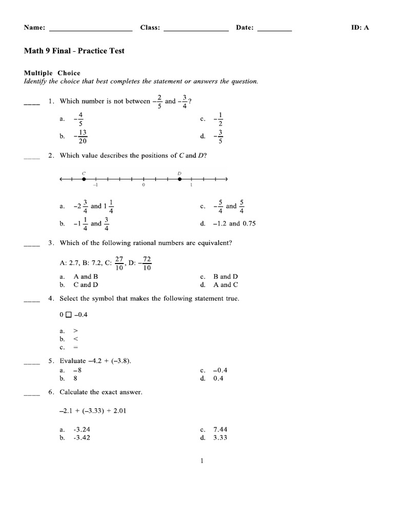 Grade 9 - End of Year Math Test 1 | PDF