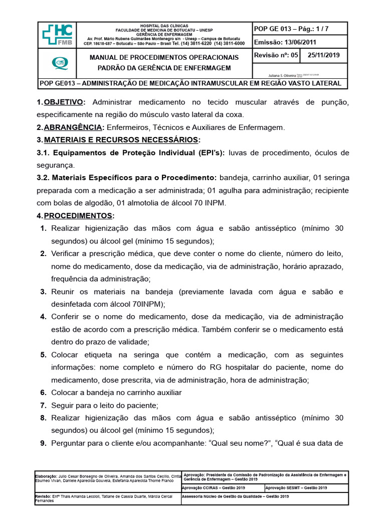 POP GE 013 ADMINISTRACAO DE MEDICACAO INTRAMUSCULAR EM REGIAO VASTO ...
