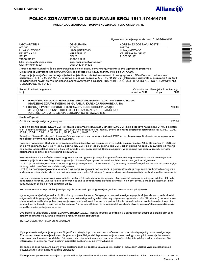 Polica Za Osiguranje - Dopunsko Zdravstveno Osiguranje | PDF