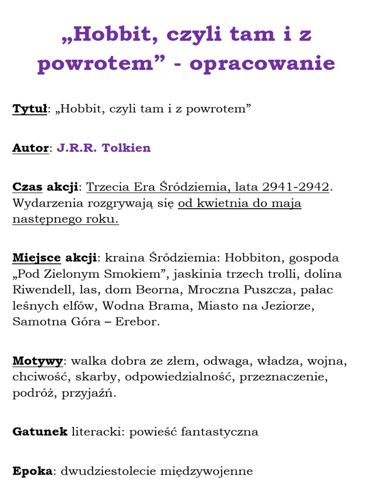 Hobbit, Czyli Tam I Z Powrotem" - Opracowanie | PDF