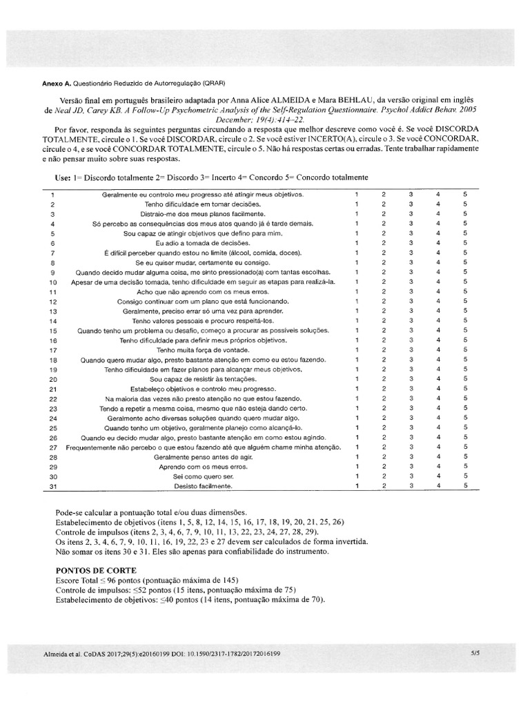 Questionário Reduzido de Autorregulação (QRAR) | PDF