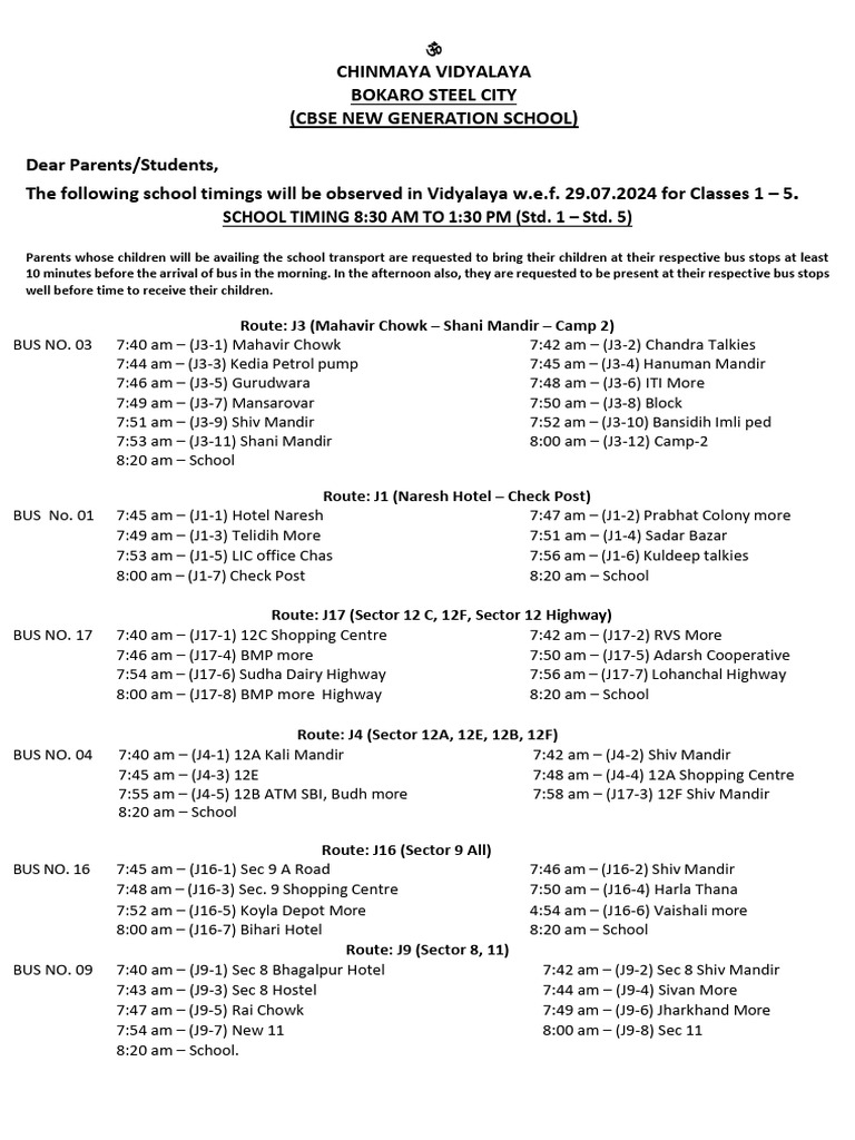 Chinmaya Vidyalaya Bus Timings 2024 | PDF | Hindu Worship | Indian ...