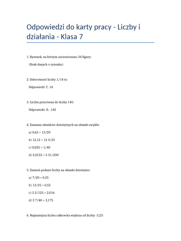 Odpowiedzi Full Klasa 7 Liczby Dzialania | PDF