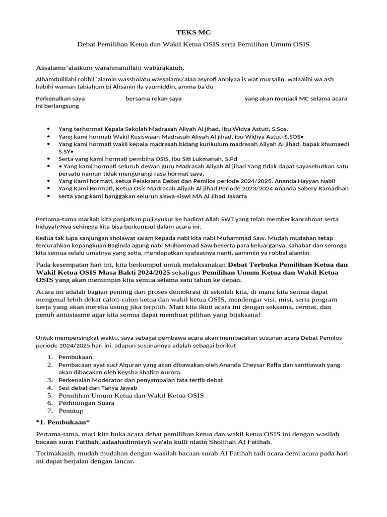 Berikut Adalah Contoh Teks MC Untuk Acara Debat Pemilihan Ketua Dan ...