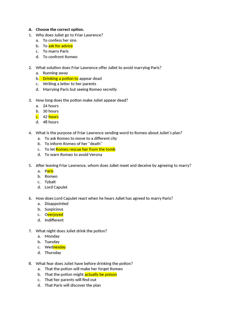 Romeo and Juliet MCQs Answer Part 3 | PDF | Characters In Romeo And ...