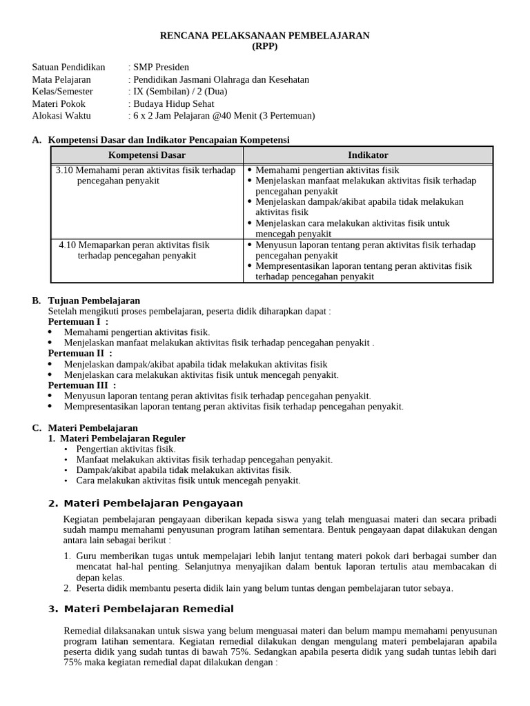 RPP 2 PJOK Kelas 9 TM 8 Budaya Hidup Sehat | PDF