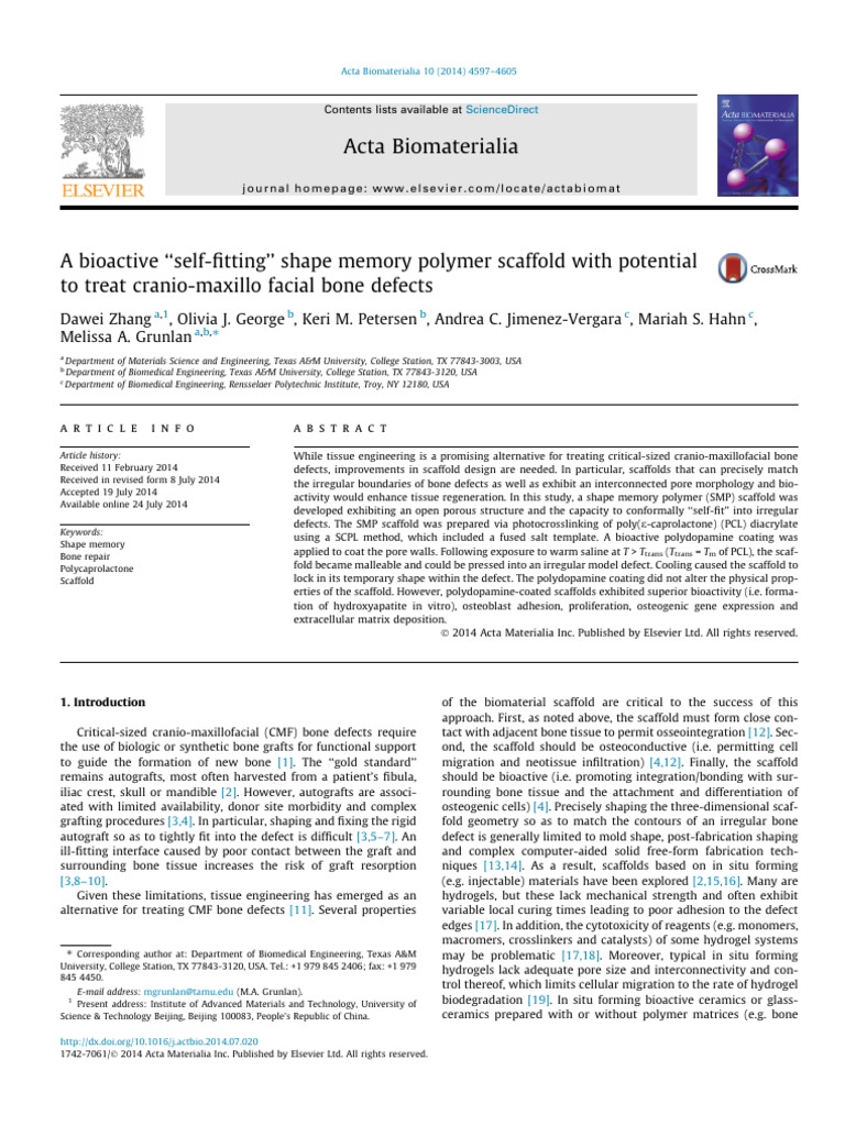 A Bioactive "Self-Fitting" Shape Memory Polymer Scaffold With Potential ...