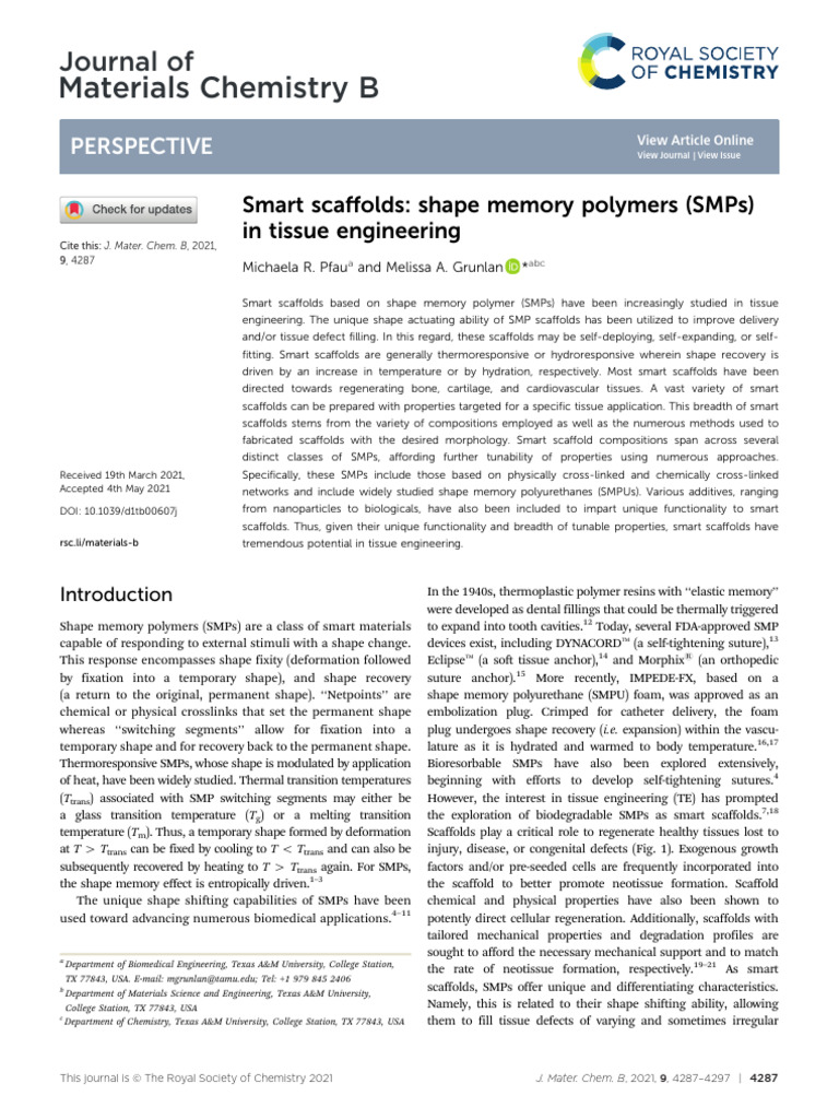 Smart Scaffolds Shape Memory Polymers (SMPS) in Tissue Engineering | PDF | Tissue Engineering ...