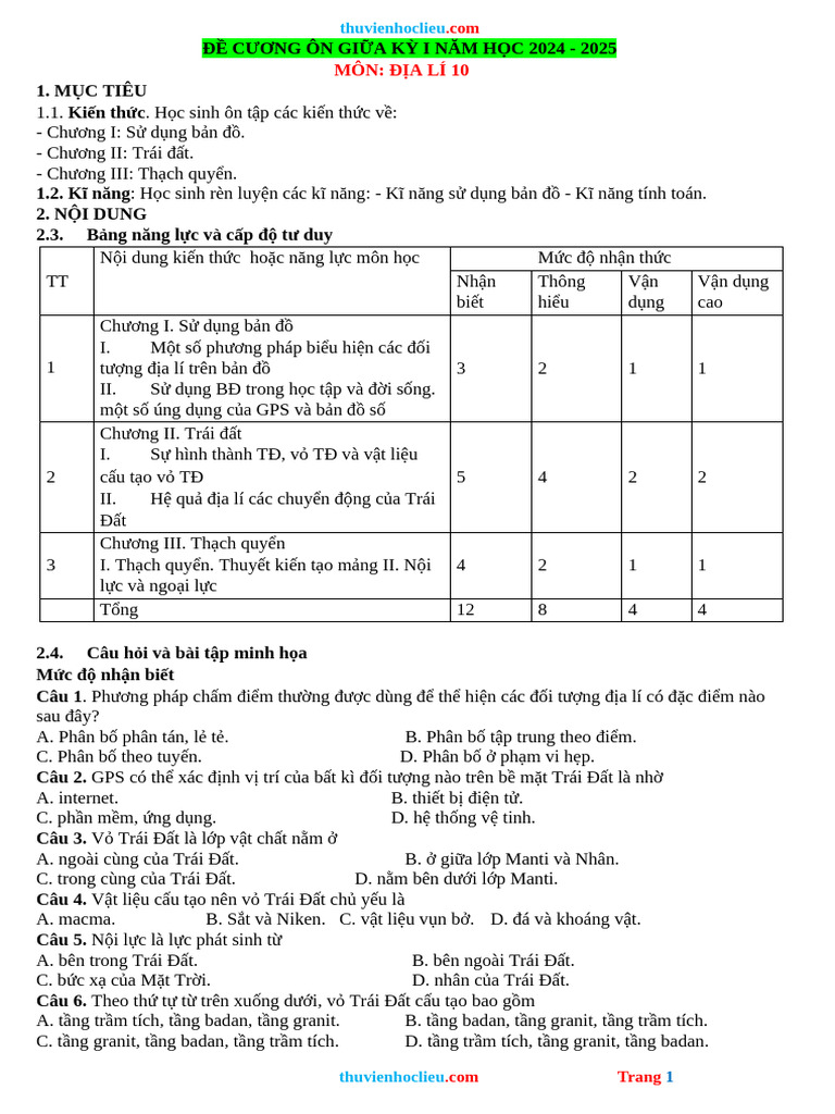 De Cuong Dia Li 10 KNTT Nam Hoc 24 25 | PDF