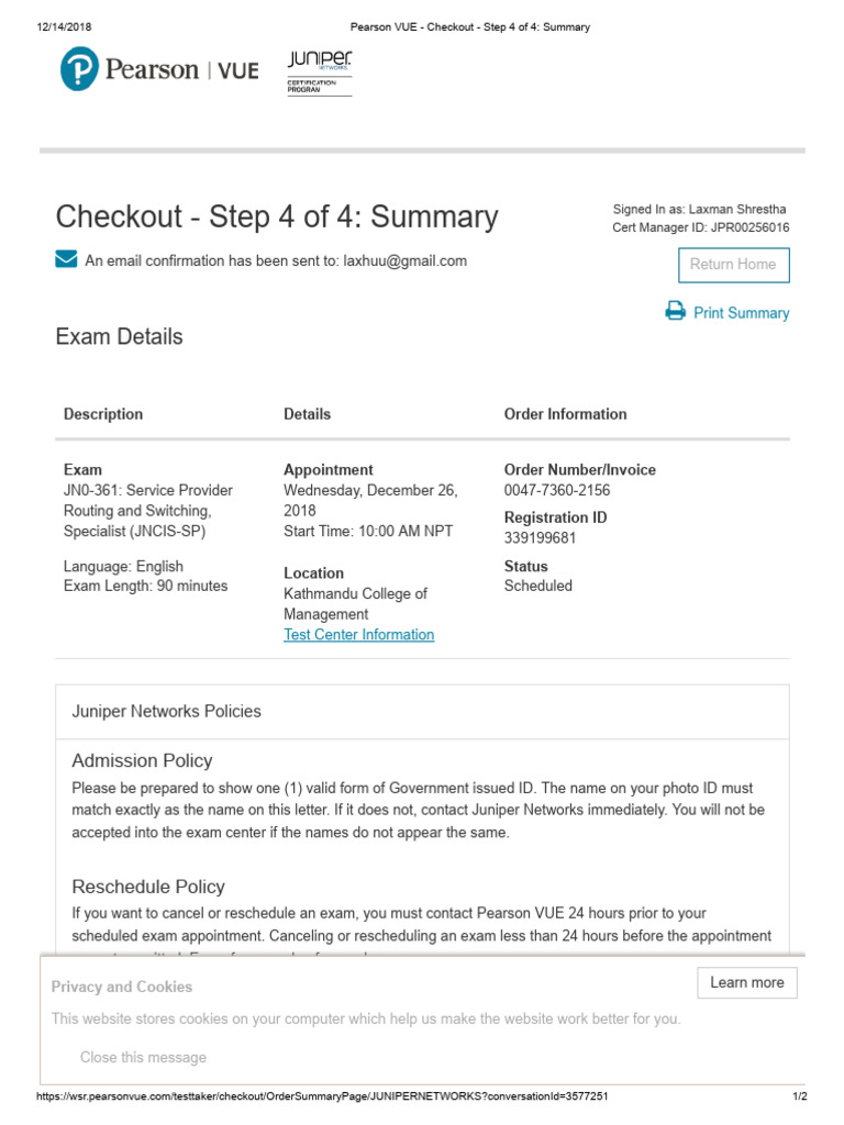 Pearson VUE - Checkout - Step 4 of 4 - Summary | PDF