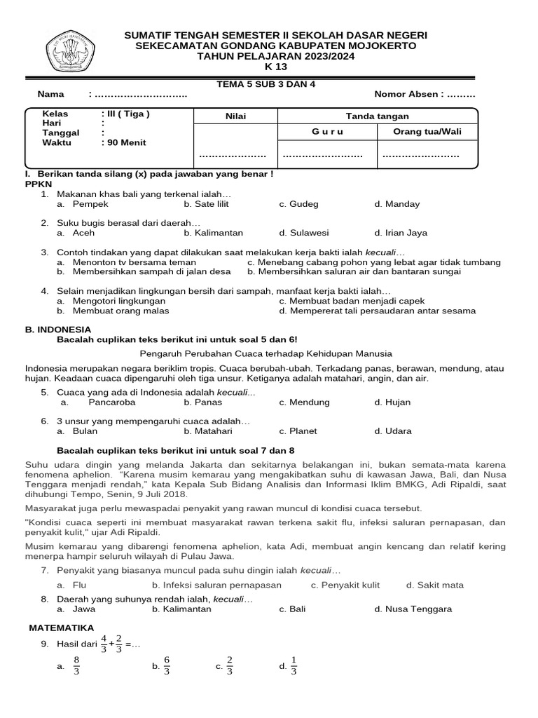 Soal PTS Kelas 3 Tema 5 Sub 3 Dan 4 Hari Ke-2 | PDF