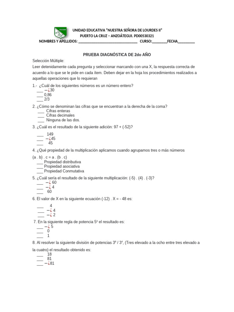 Prueba Diagnóstica Matemáticas 2do Año | PDF | Álgebra | Objetos ...