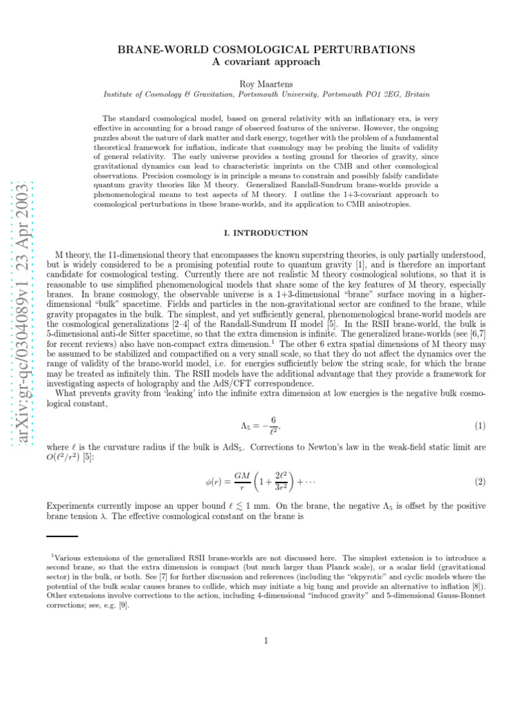Roy Maartens - Brane World Cosmological Perbutations: A Covariant Approach | PDF | Physical ...