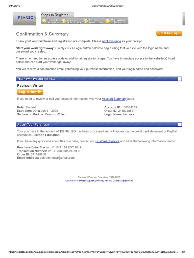 Pearson Writer Purchase Confirmation | PDF