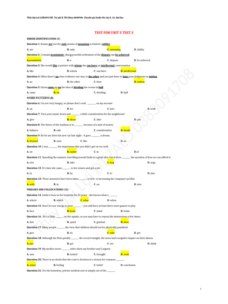 Test For Unit 2 Test 2 Pdf