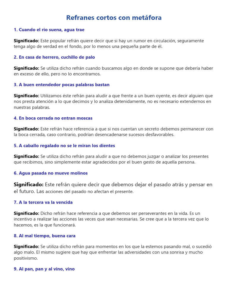 Refranes Cortos con Metáfora | PDF | Amor