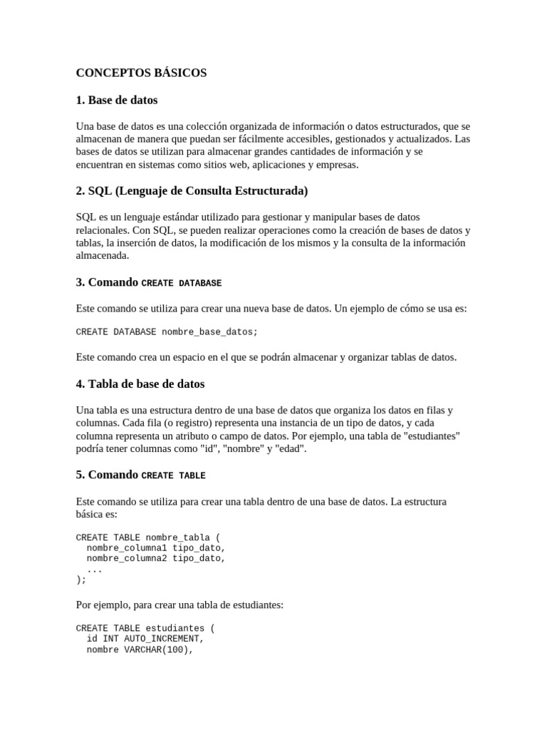 Conceptos Básicos BASE DE DATOS | PDF | Bases de datos | SQL