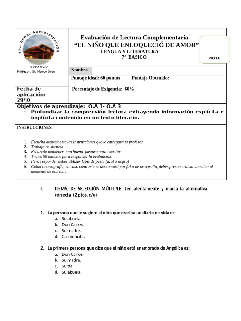 Evaluacion El Niño Que Enloqueció de Amor 7mo Básico | PDF