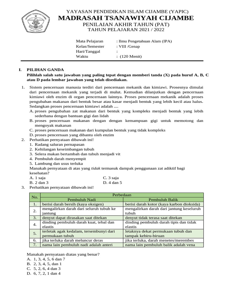Soal Pat Ipa Kelas 8 | PDF | Kajian Bahasa Asing | Sains & Matematika