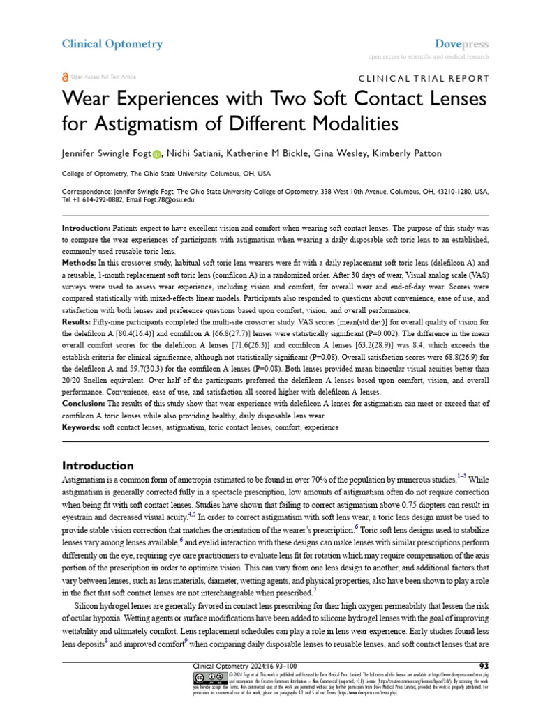 Wear Experiences With Two Soft Contact Lenses For Astigmatis | PDF ...