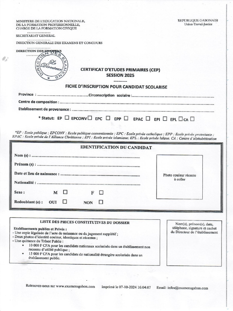 Fiche D'inscription Unique - Cand Scolarises Au Cep 2025 | PDF