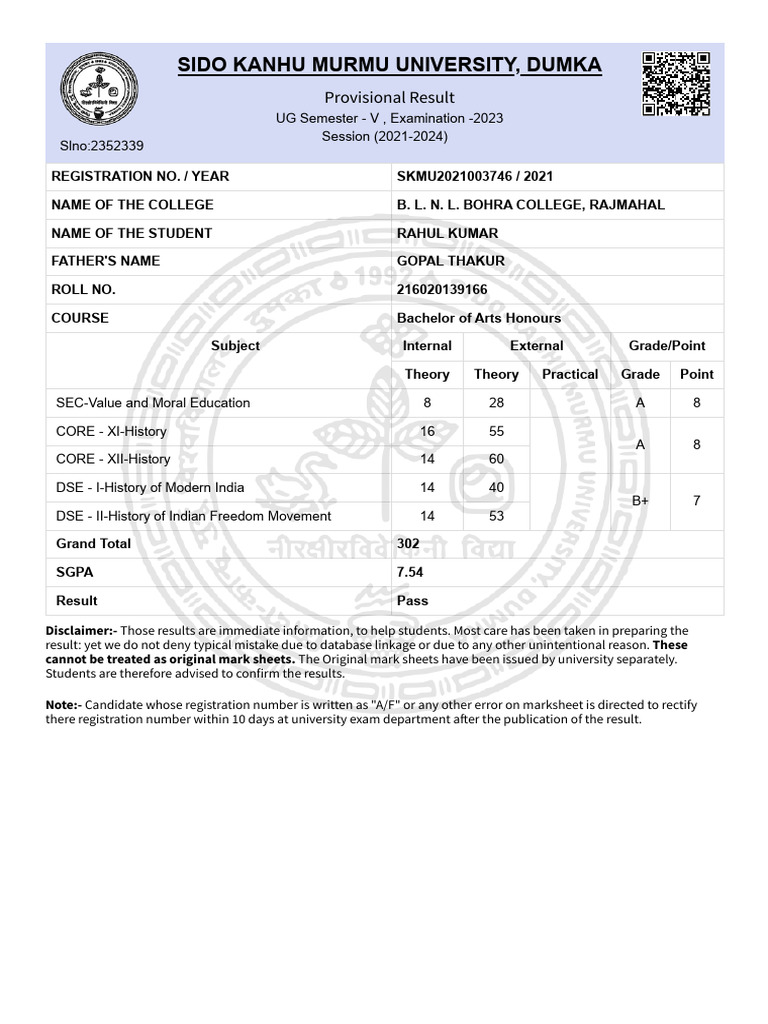 SKMU - Result RAHUL SEM 5 | PDF | Qualifications | Vocational Education