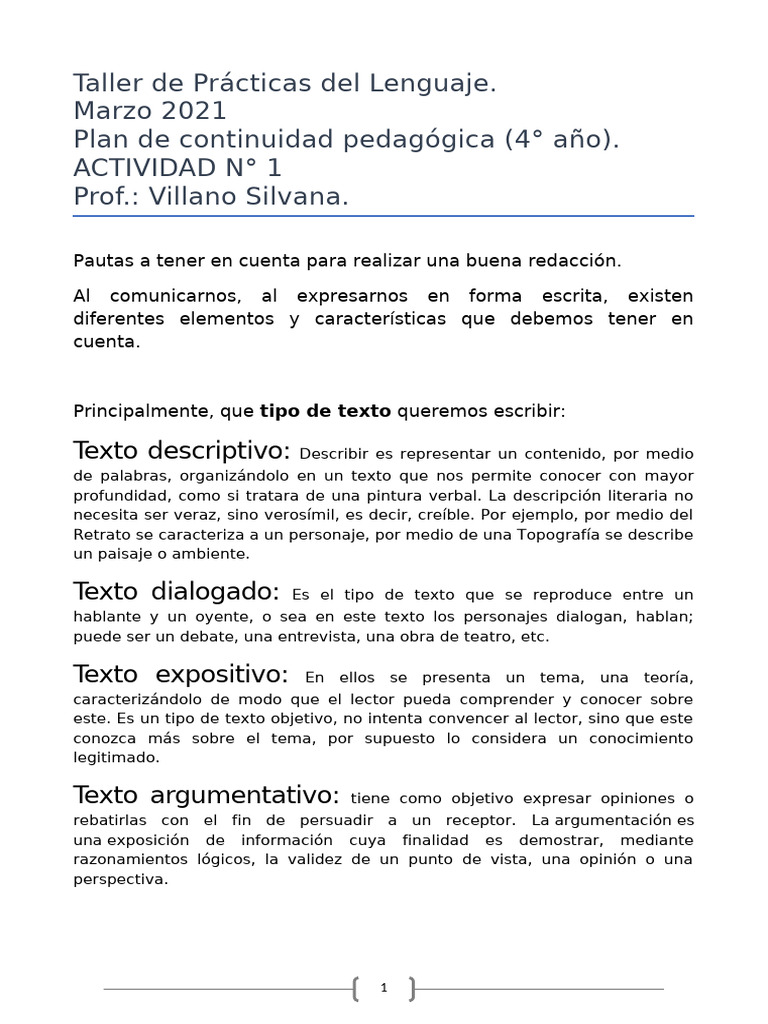 ACTIVIDAD #1 Taller de Prácticas Del Lenguaje 4° AÑO | PDF | Narración