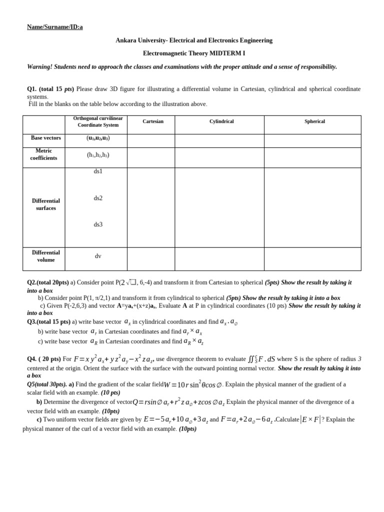 Midterm 1122020 | PDF | Euclidean Vector | Divergence