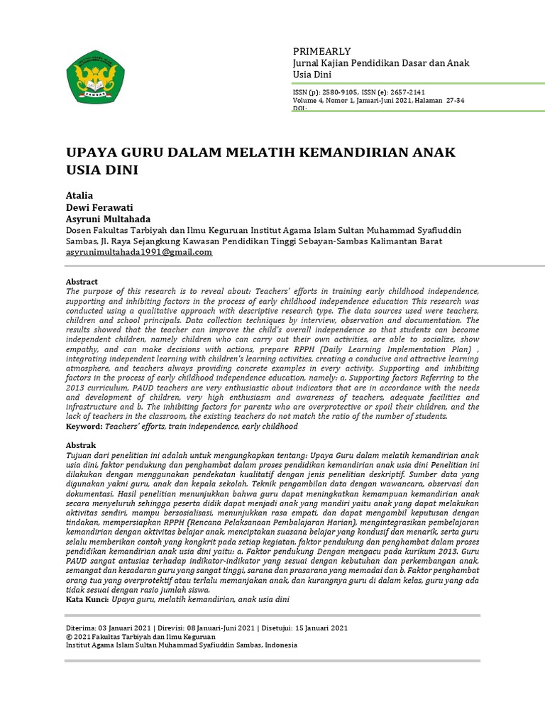 Upaya Guru Dalam Melatih Kemandirian Anak Usia Dini: Atalia Dewi Ferawati Asyruni Multahada | PDF