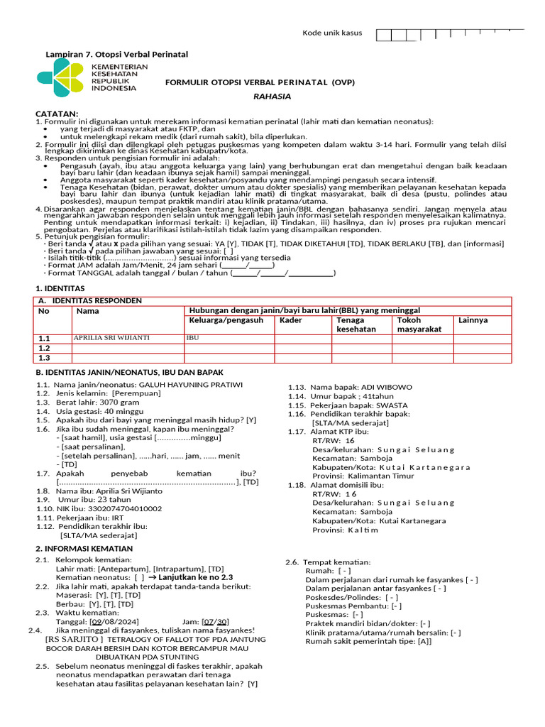 Formulir Otopsi Verbal Perinatal | PDF