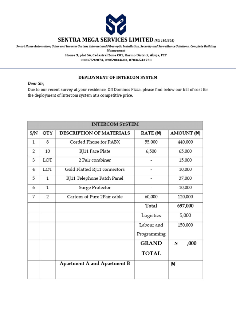 Intercom Bill For Apartment Off Dominos - 28082024 | PDF | Manufactured ...