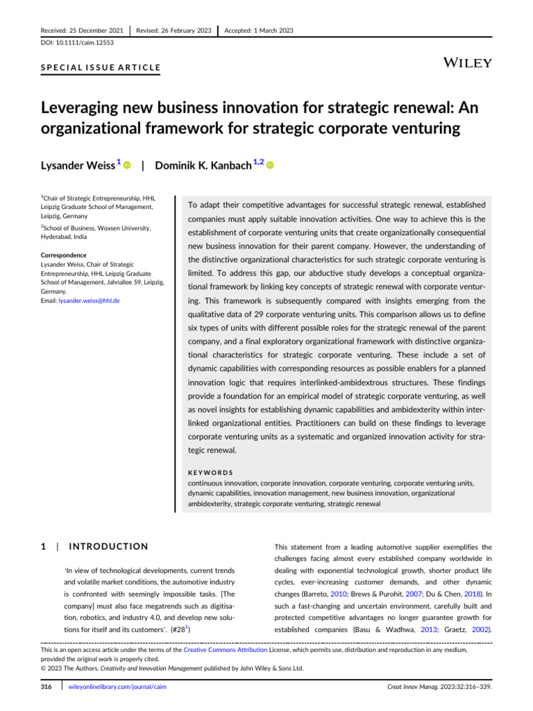 Creat Innov Manage - 2023 - Weiss - Leveraging New Business Innovation For Strategic Renewal An ...