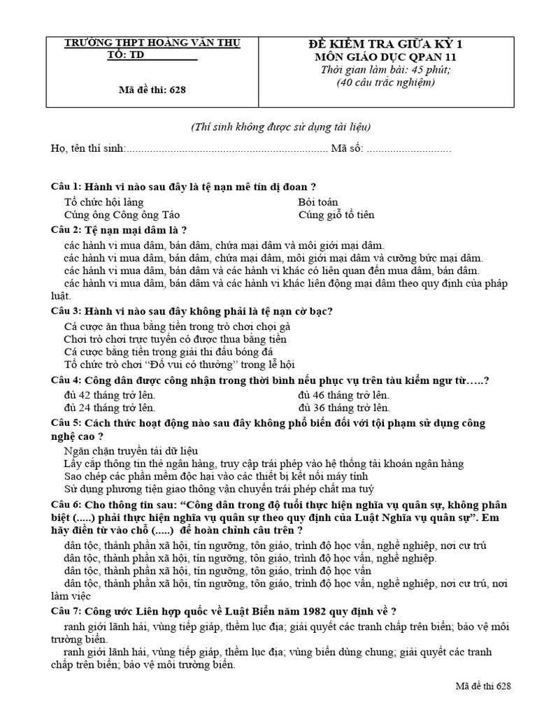 De Thi Giua Hoc Ki 1 Mon Giao Duc Quoc Phong 11 Nam 2023 2024 Sach Can 41424 | PDF