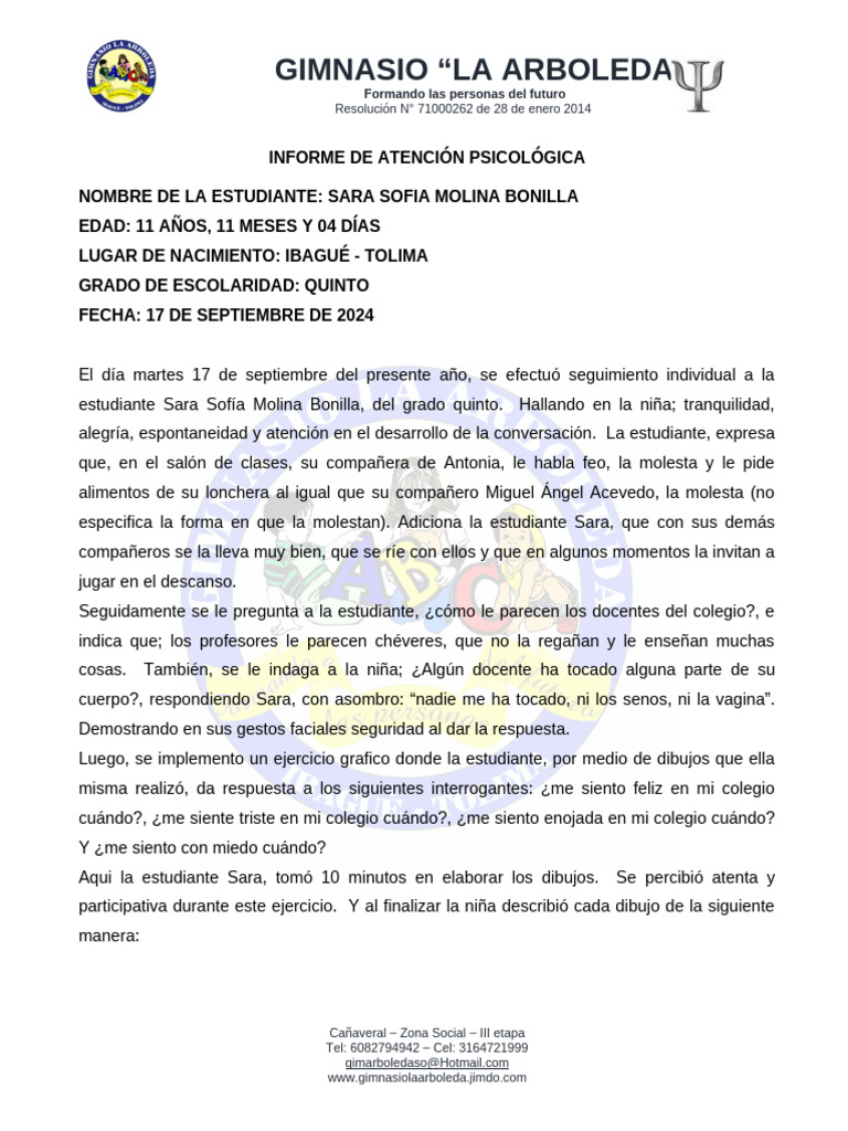Informe Psicologico Sara Sofia Molina Bonilla | PDF | Salud y bienestar