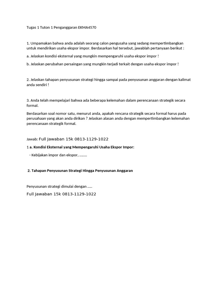 Tugas 1 Tuton 1 Penganggaran EKMA4570 | PDF