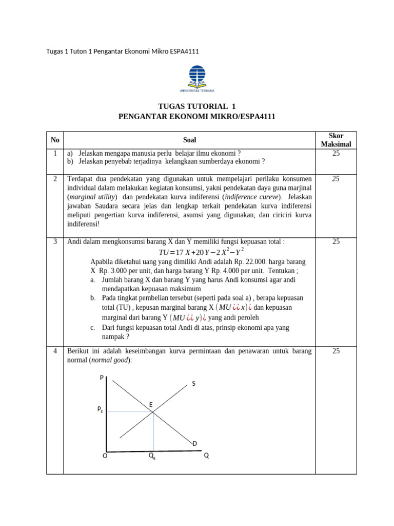 Tugas 1 Tuton 1 Pengantar Ekonomi Mikro ESPA4111 | PDF