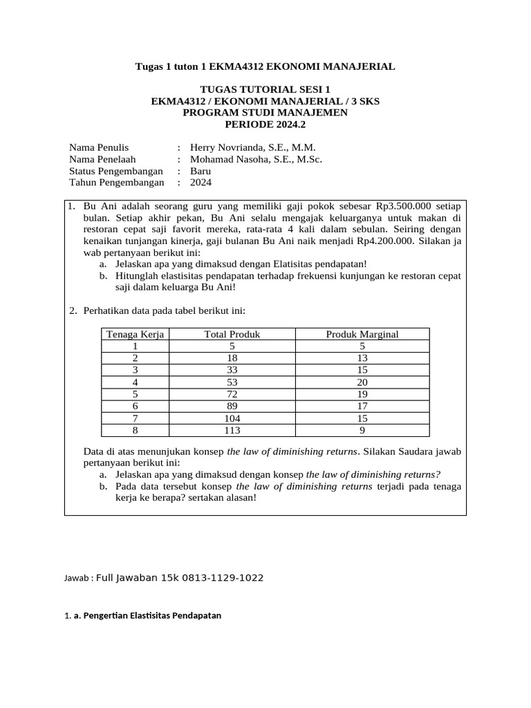 Tugas 1 Tuton 1 Ekma4312 Ekonomi Manajerial | PDF