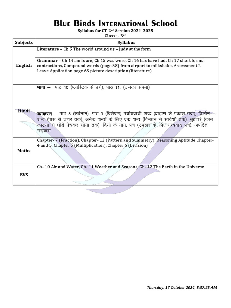 Class 3 Syllabus CT-2 2024-2025 | PDF