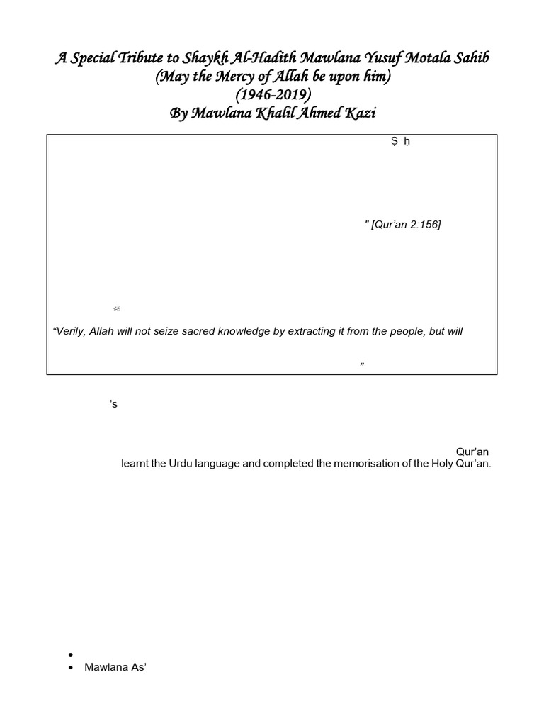 Tribute to Shaykh Yusuf Motala's Legacy | PDF | Hadith | Ulama