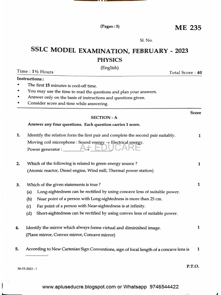 A+ Blog-Sslc Model Exam 2023 Physics-Em QN Paper | PDF