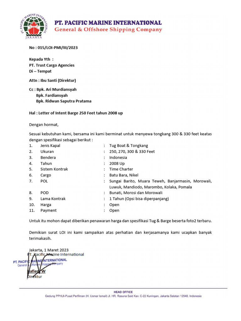 LOI Sewa Tug & Barge 330 Feet | PDF