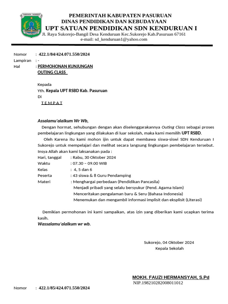 Permohonan Outing Class SDN Kenduruan I | PDF