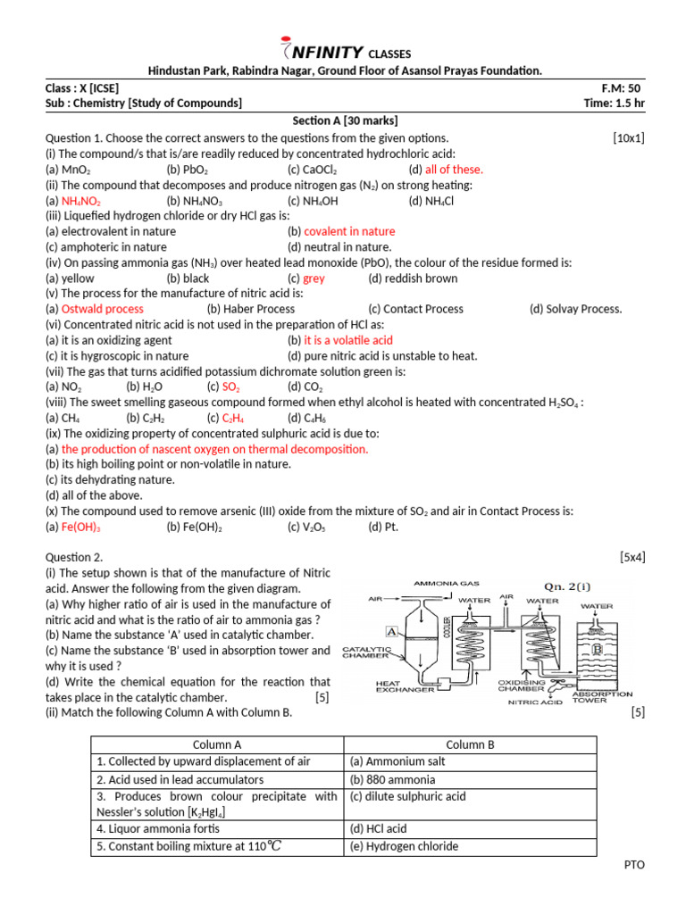 ICSE Chemistry Test Study of Compounds | PDF | Sulfuric Acid | Ammonia