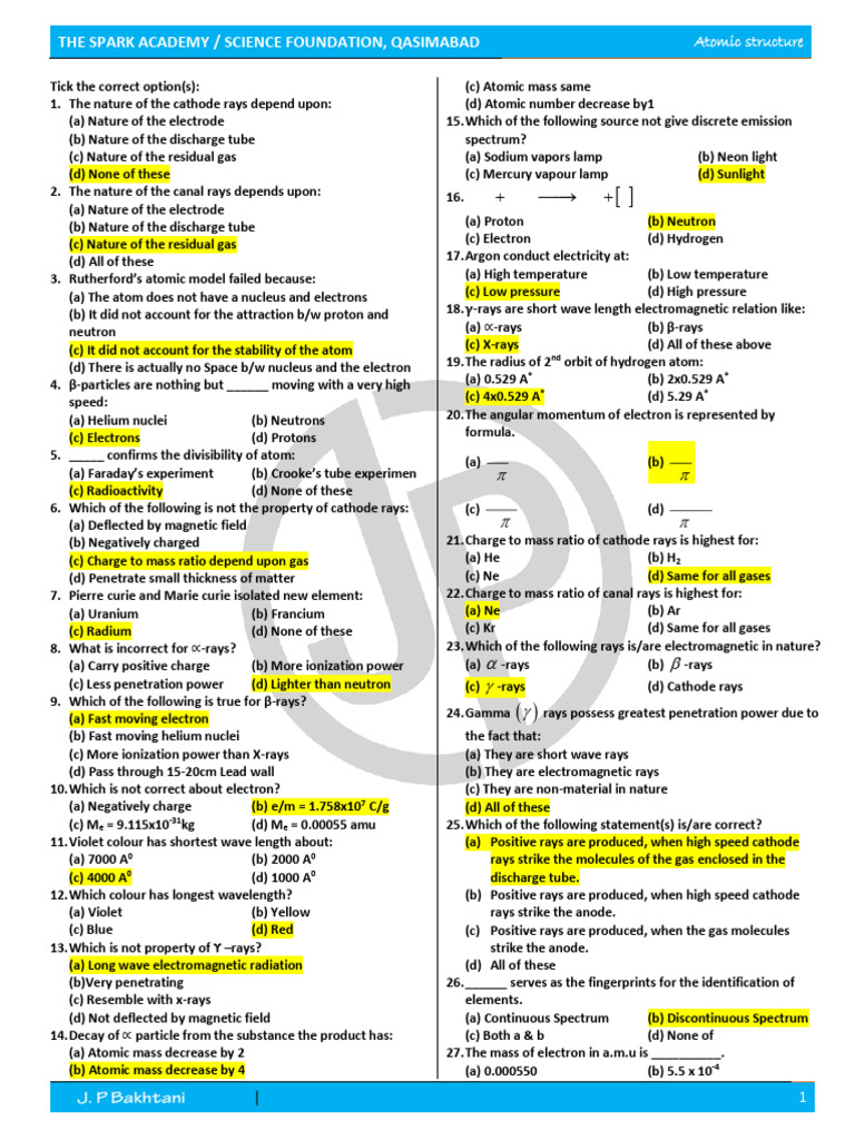 Atomic Structure With Key-1 | PDF | Atoms | Proton