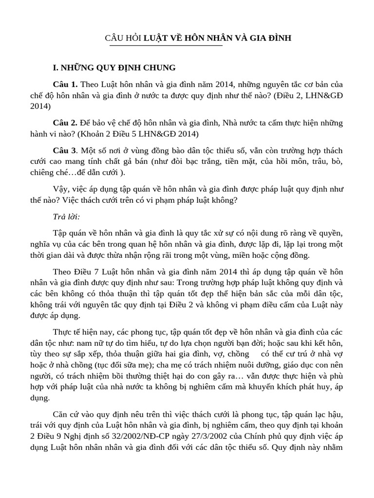 Câu hỏi Luật HN và GĐ K14 | PDF