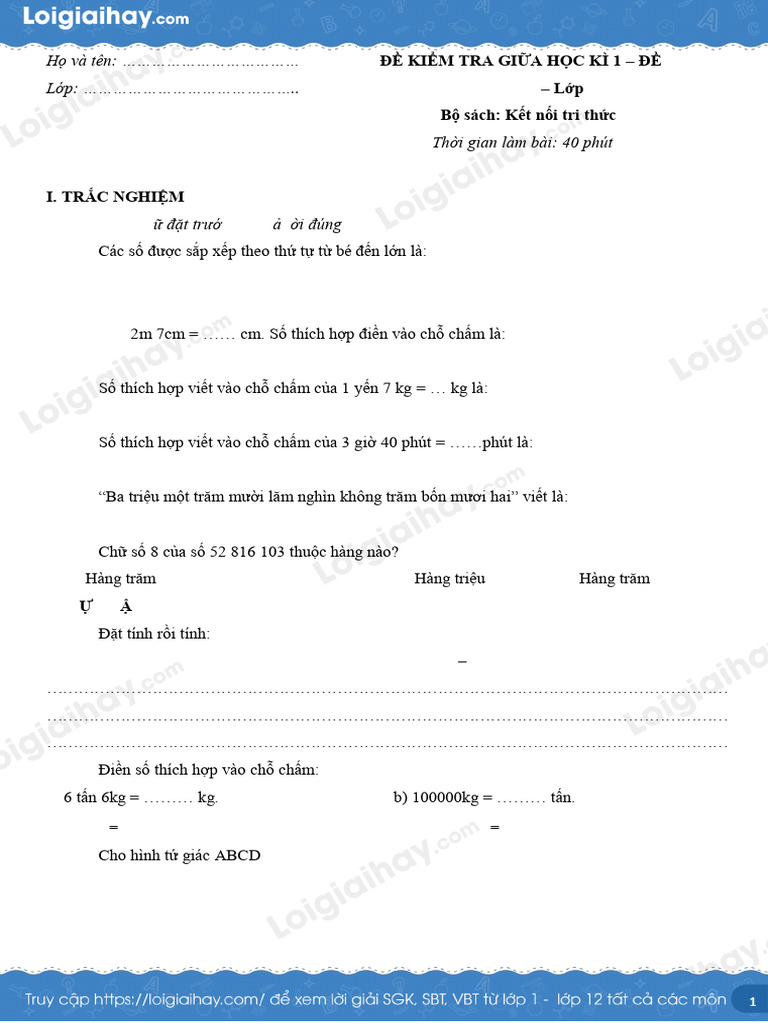 De Kiem Tra Giua Hoc Ki 1 Toan 4 Ket Noi Tri Thuc de So 8 1696998199 | PDF