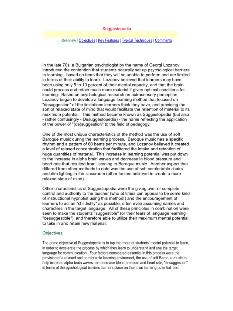 Suggestopedia Techniques Overview | PDF | Language Education | Classroom