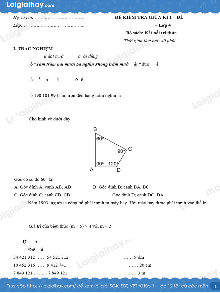 De Kiem Tra Giua Hoc Ki 1 Toan 4 Ket Noi Tri Thuc de So 11 1730271752 | PDF