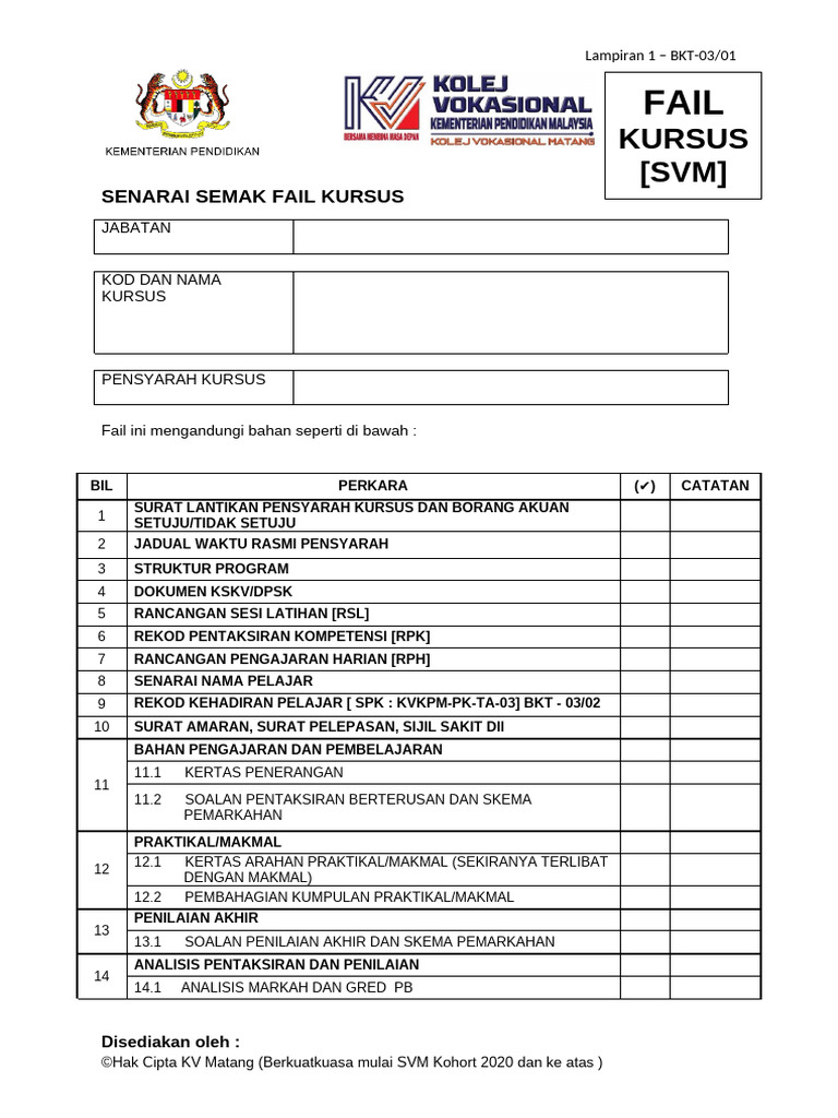 Lampiran 1-BKT-03-01-SENARAI SEMAK FAIL KURSUS SVM MULAI KOHORT 2020 Ke Atas | PDF